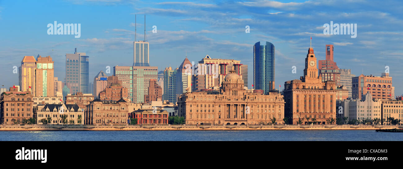 Shanghai historic and urban buildings panorama over Huangpu River in ...