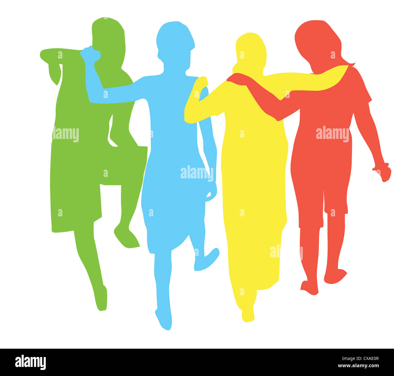 People, group of 4 women with arms around each other walking away ...