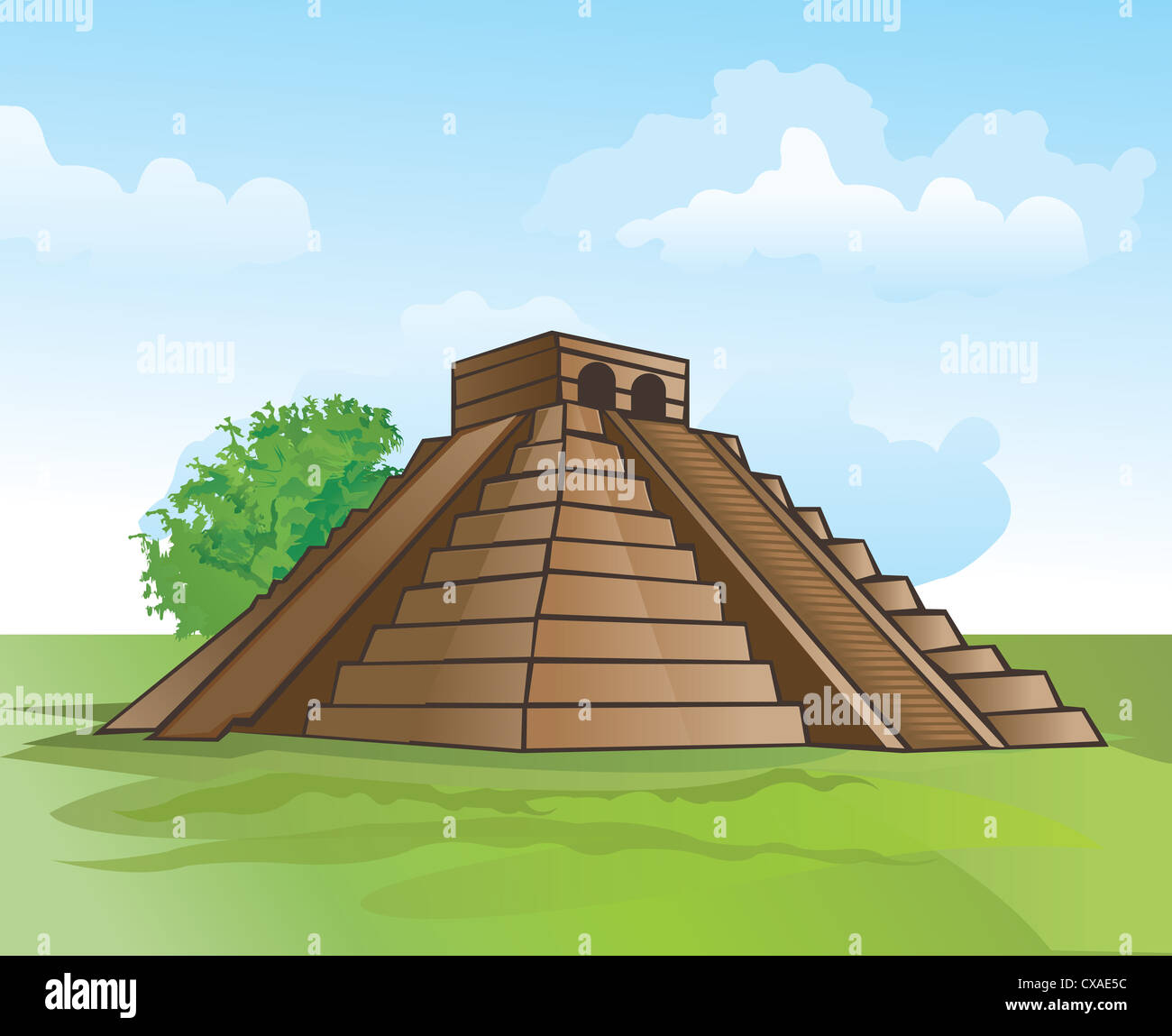 Mayan pyramid, amidst lush greenery and a blue sky, vector illustration ...