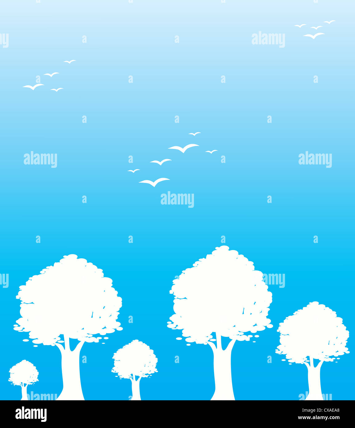 Trees and birds in blue background, white silhouette, vector ...