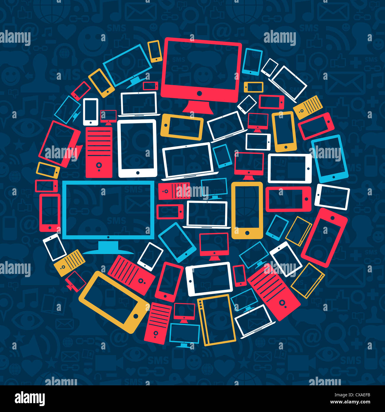 Gadgets icons circle shape over social media pattern background. Vector ...
