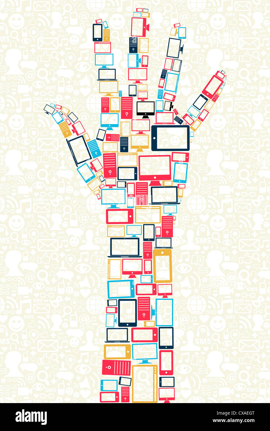 Computer, mobile phone and tablet colors icons in human hand shape over ...