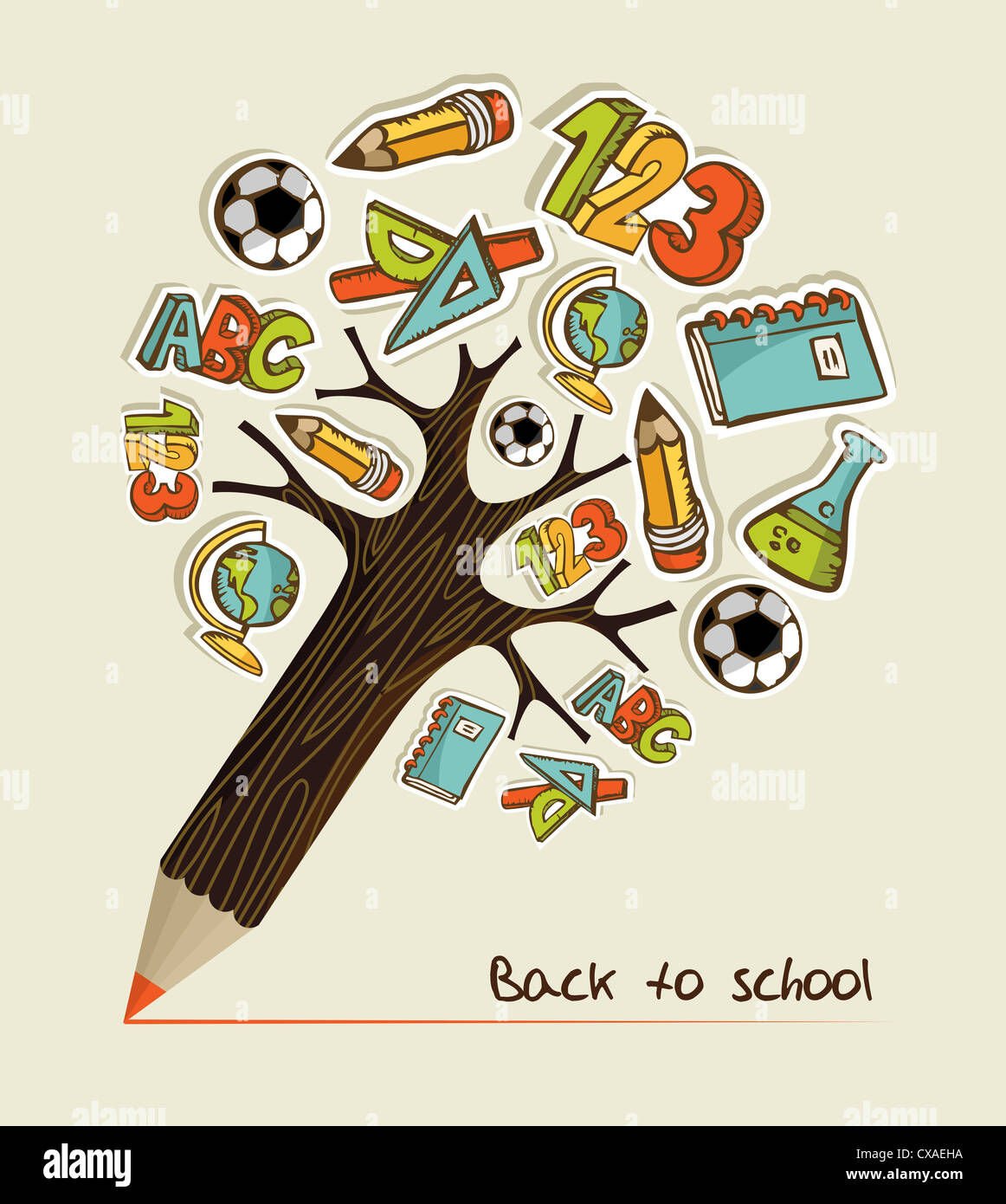 Pencil tree shaped made with school icons set illustration. Vector ...