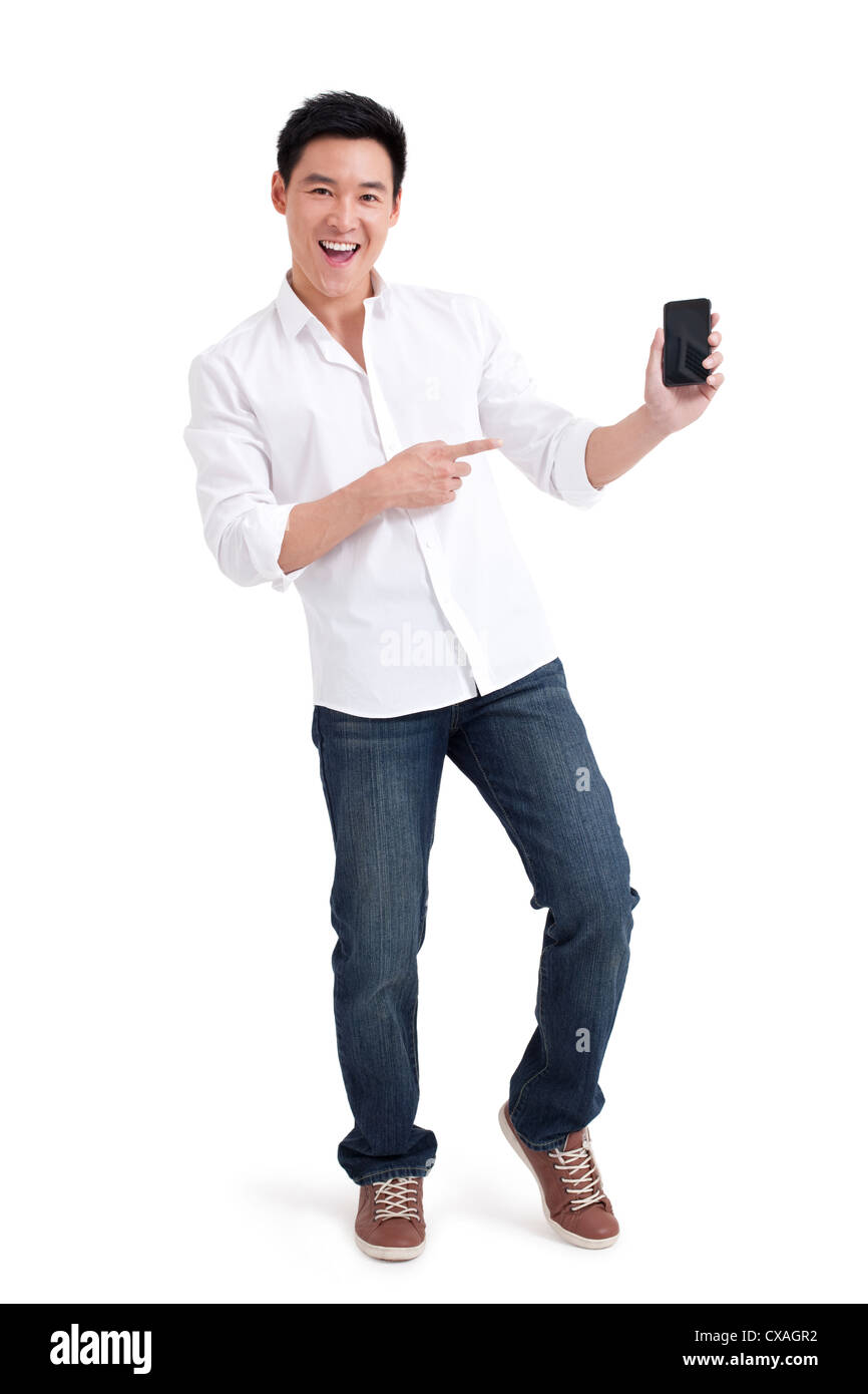 Young man showing mobile phone Stock Photo - Alamy