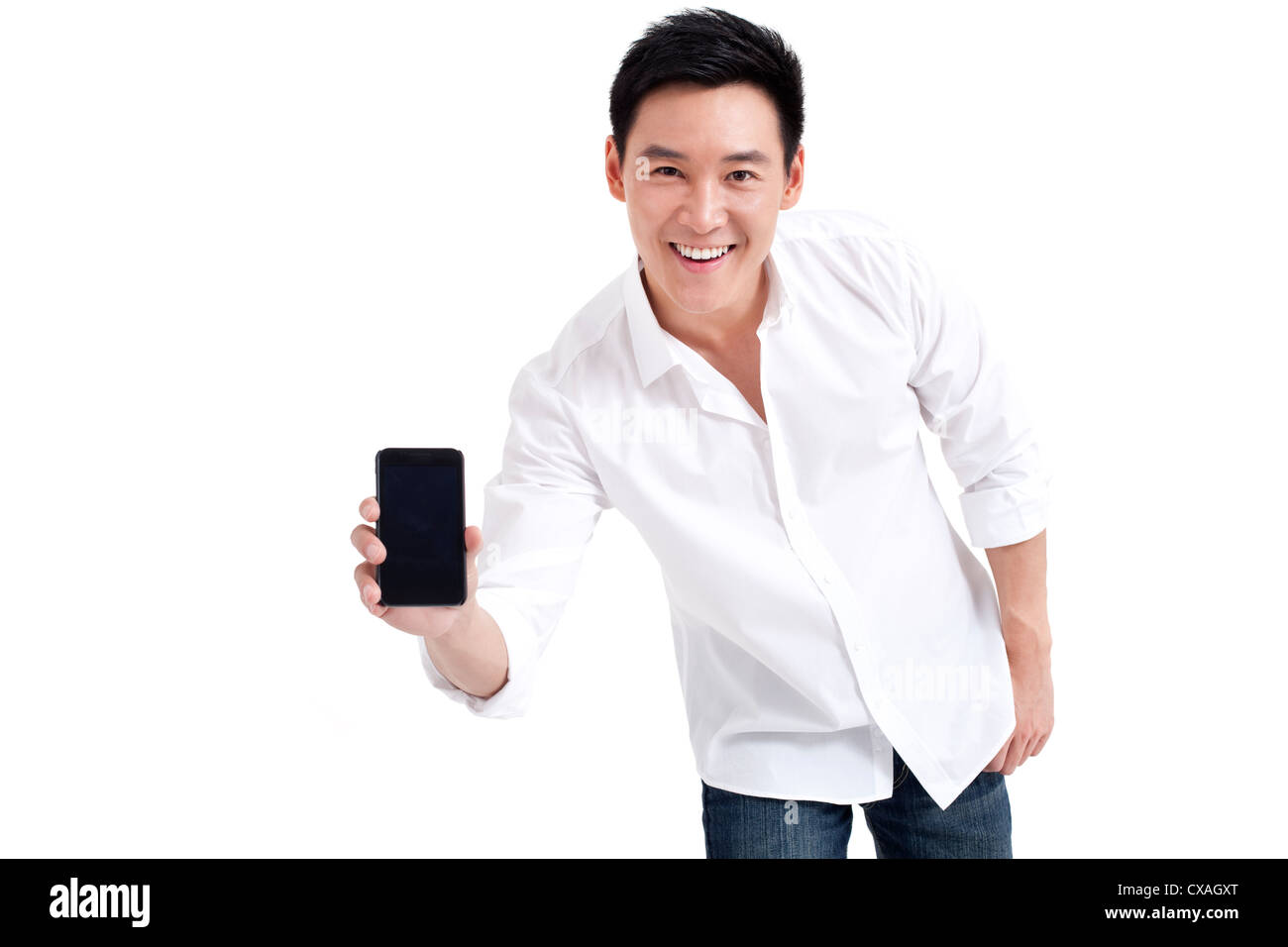 Young man showing mobile phone Stock Photo - Alamy