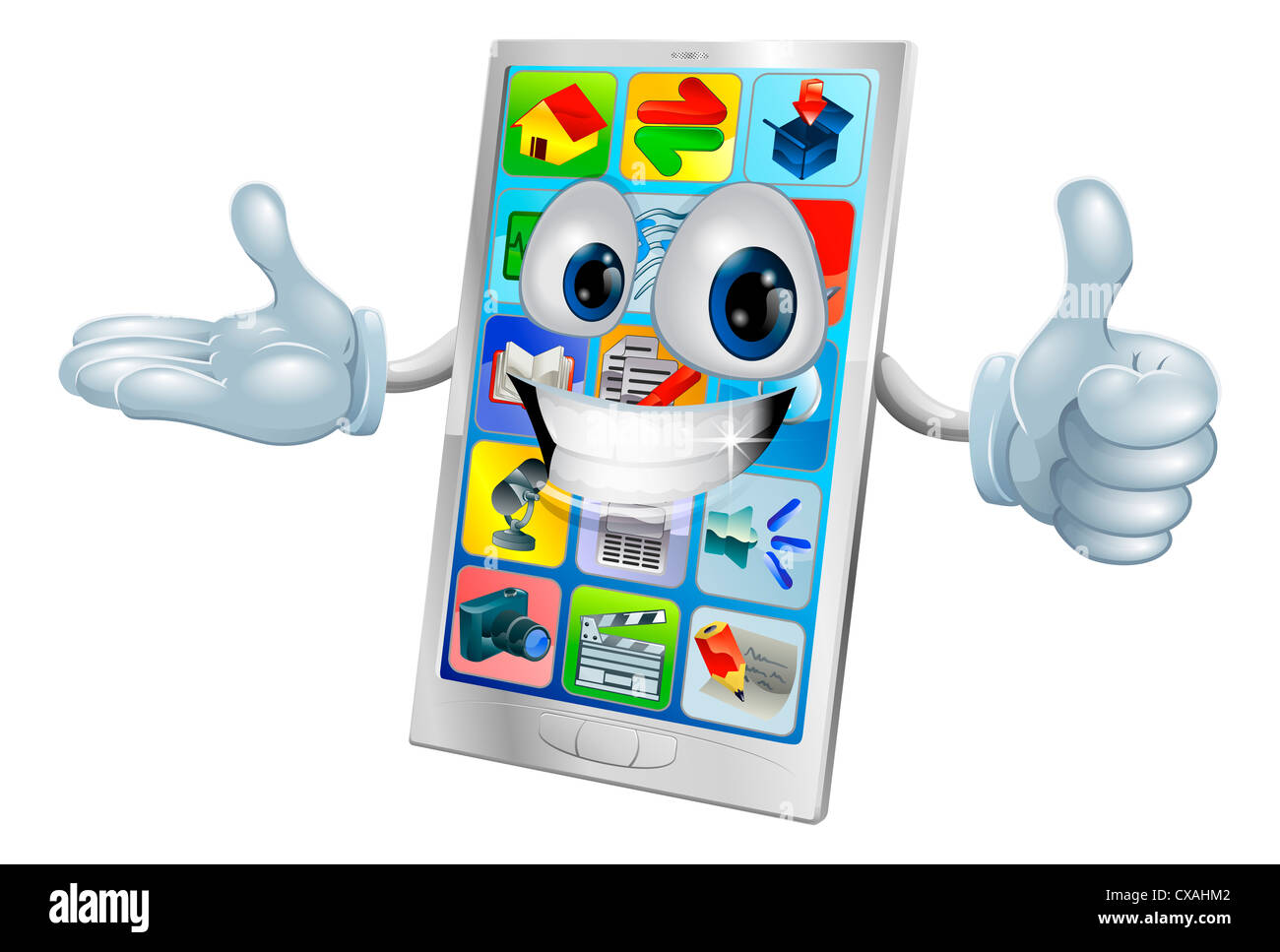 Illustration of a cute happy mobile phone person Stock Photo - Alamy