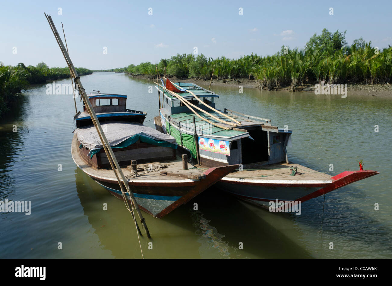 Boats in a waterway with mangrove trees, Irrawaddy Delta, Myanmar ...