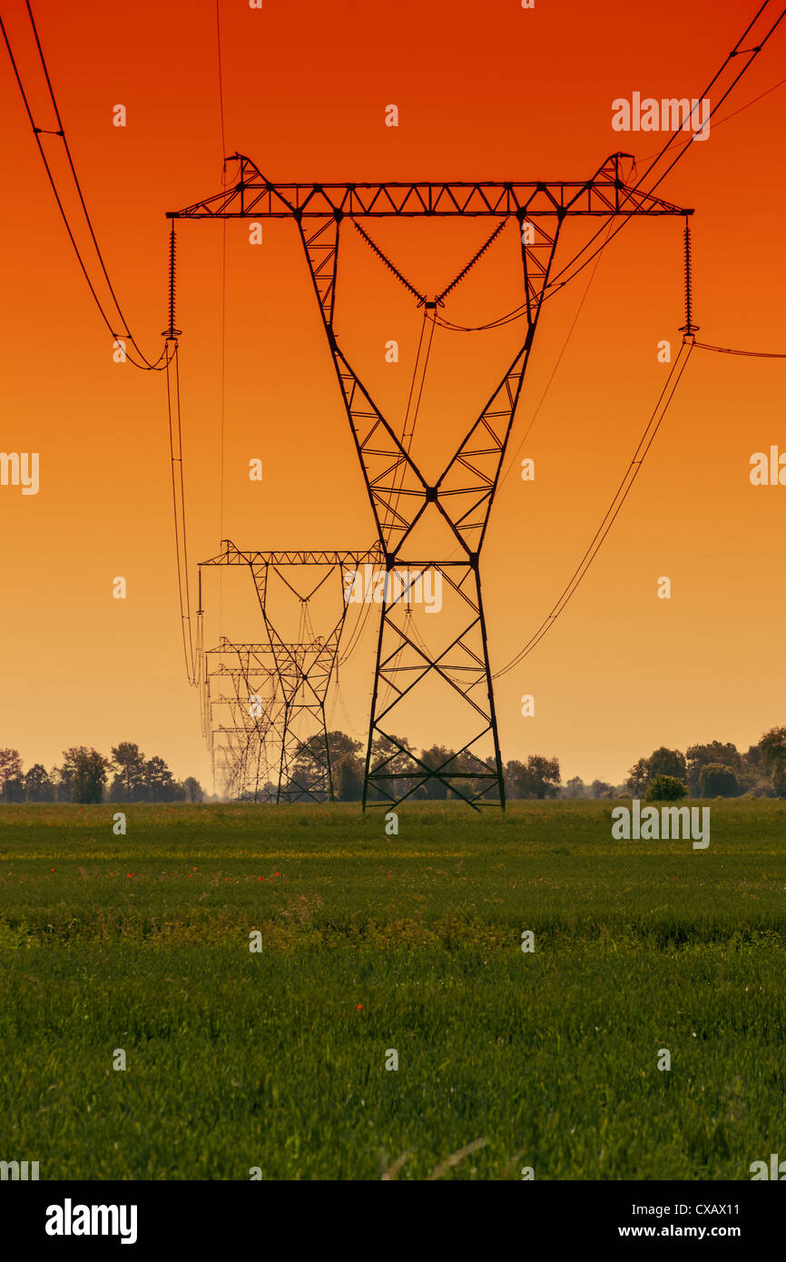 A line of high-power electric distribution towers at sunset Stock Photo ...