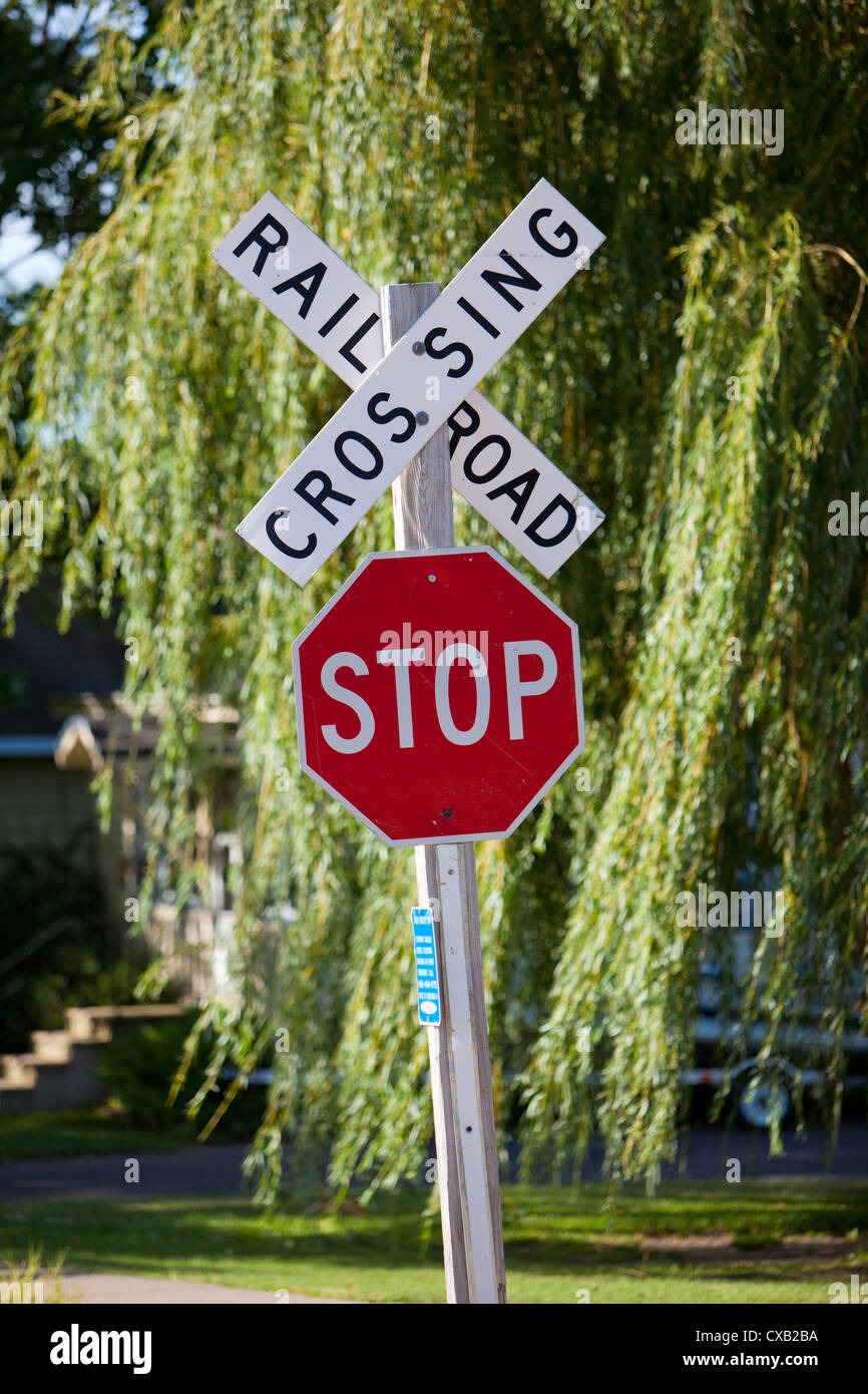 Railroad Crossing sign with trees in the distance Stock Photo - Alamy