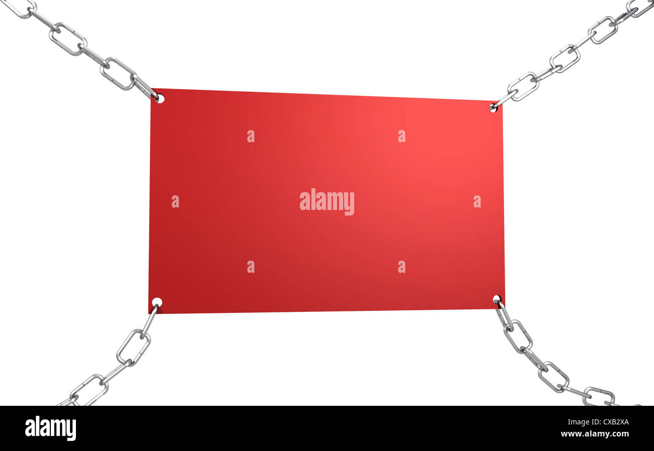 3d illustration of empty red board connected with chains, isolated on ...