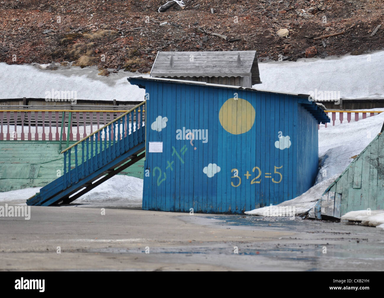 School playground in the Russian coal mining settlement of Barentsburg ...