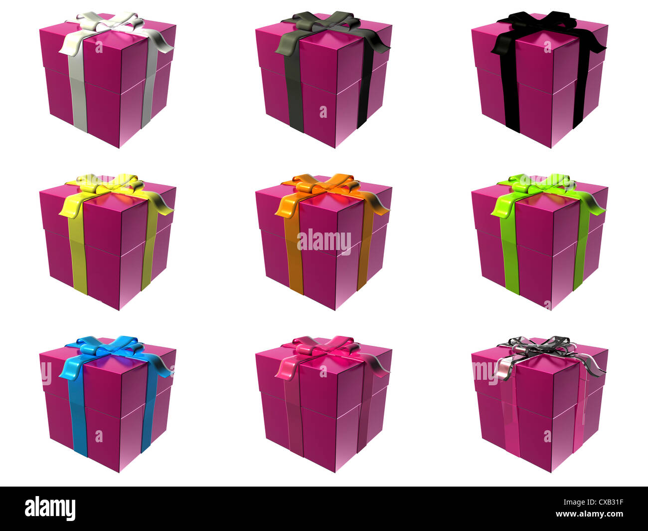 9 pink gift boxes with different ribbon colors Stock Photo - Alamy