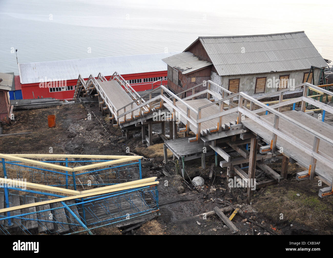 Steps between jetty and town in the Russian coal mining settlement of ...