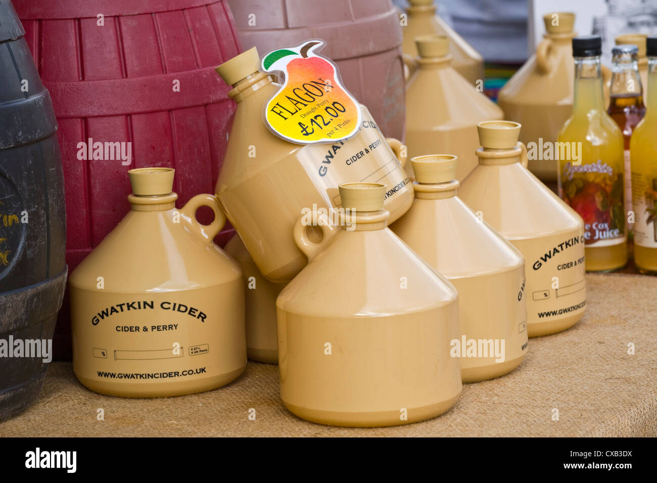 Flagons of Gwatkin Cider for sale on stall at Abergavenny Food Festival ...