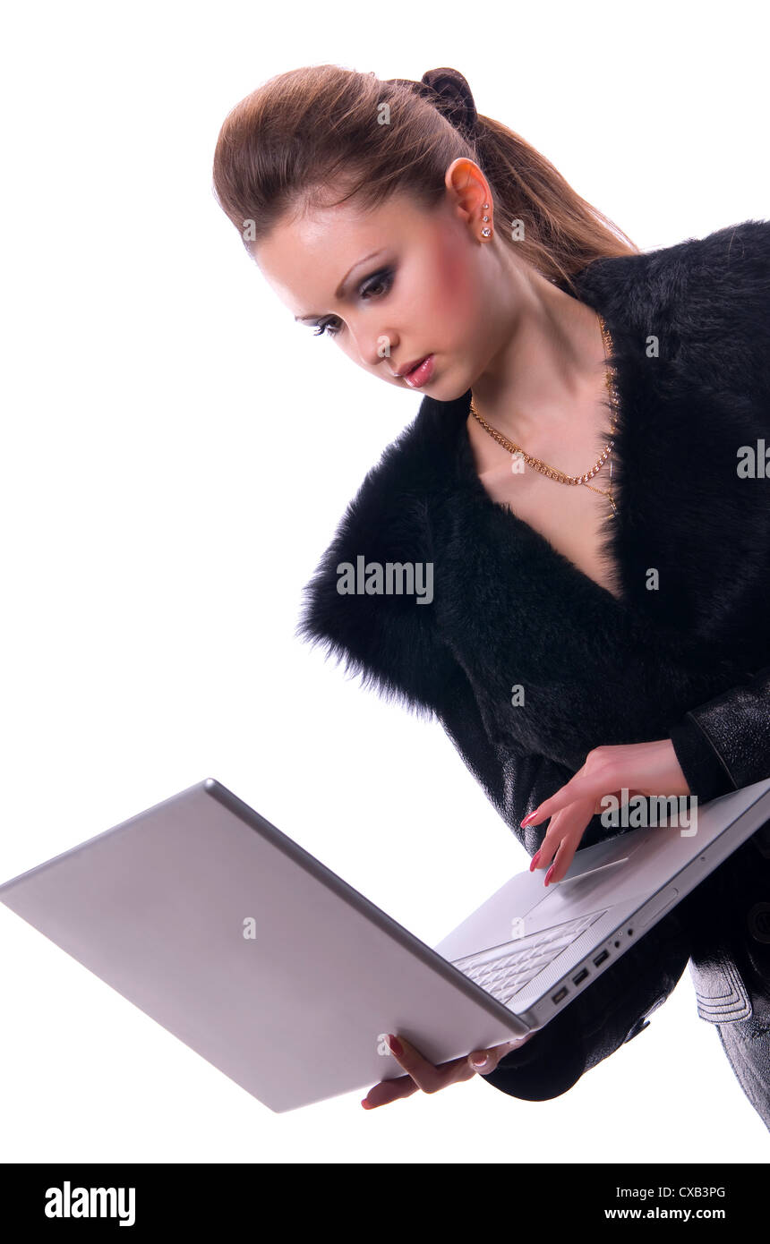 woman with a laptop on an isolated background Stock Photo - Alamy