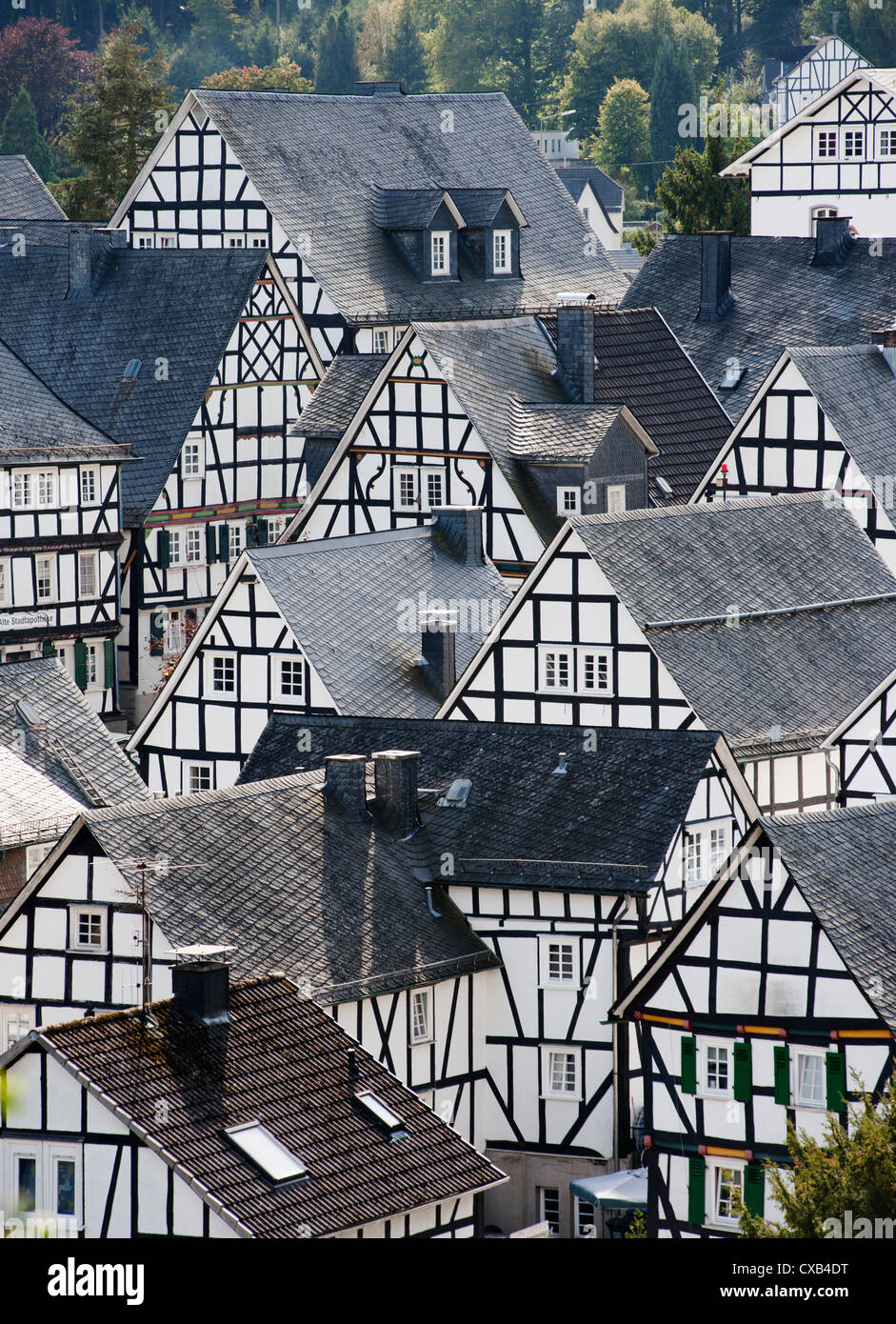 Many half-timbered old houses in Freudenberg village in Siegerland ...