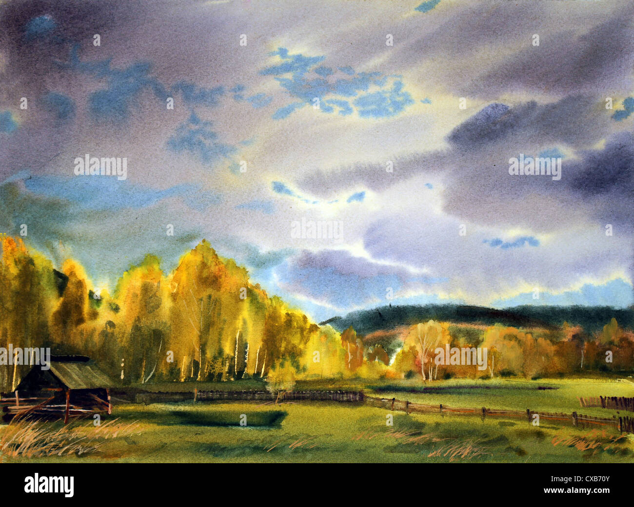 Autumn landscape painted by watercolor Stock Photo - Alamy