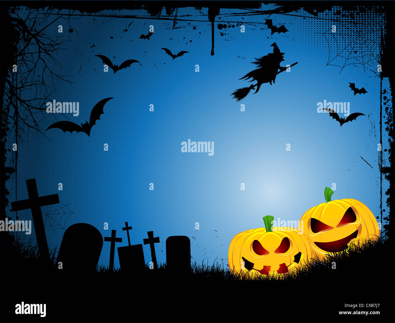 Spooky Halloween background with evil pumpkins and a witch on ...