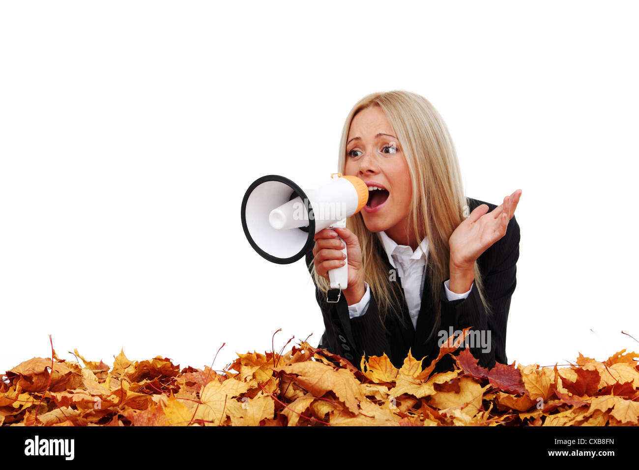 autumn businesswoman with megaphone studio isolated in studio Stock ...
