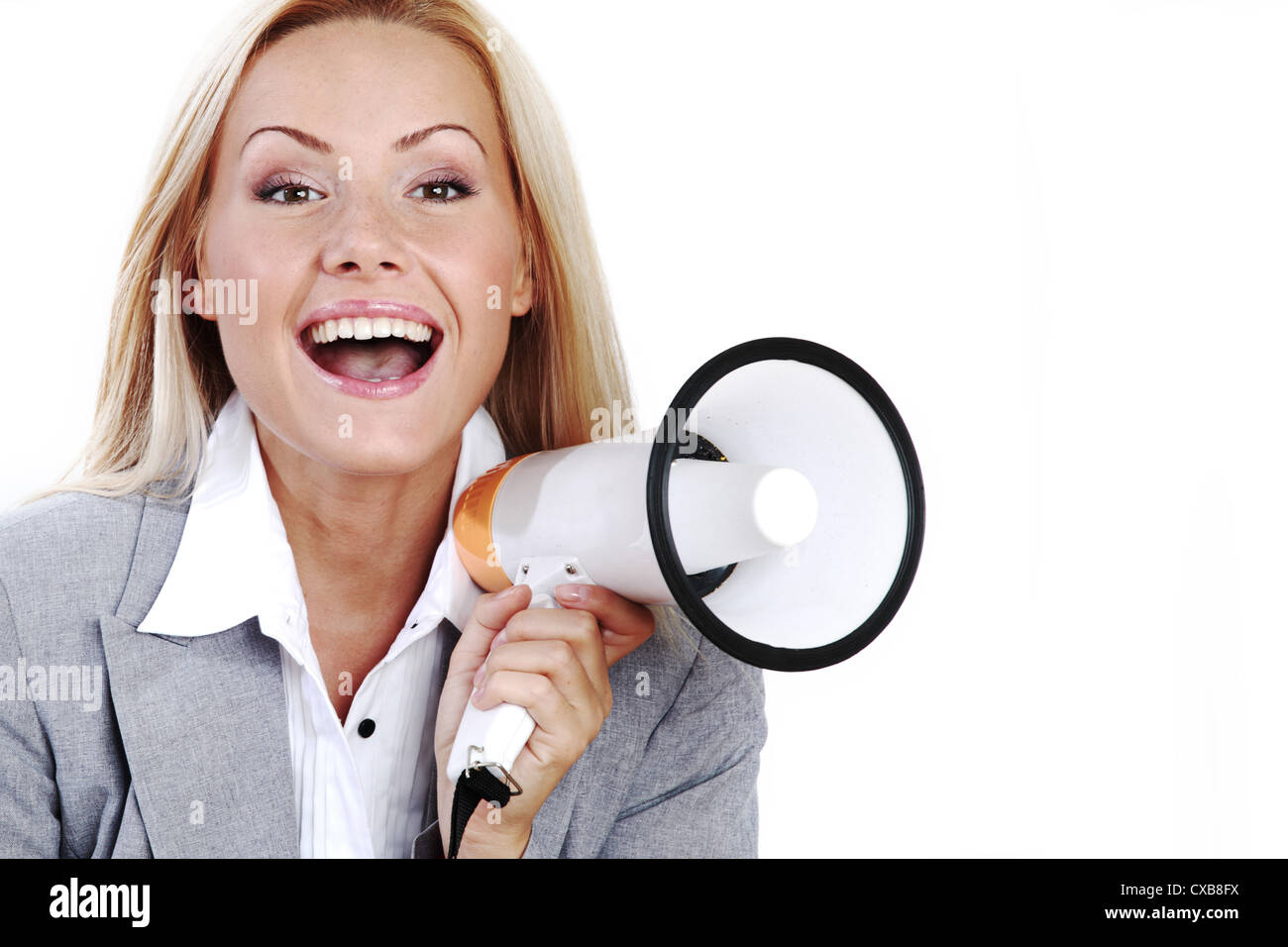business woman speak in megaphone Stock Photo - Alamy