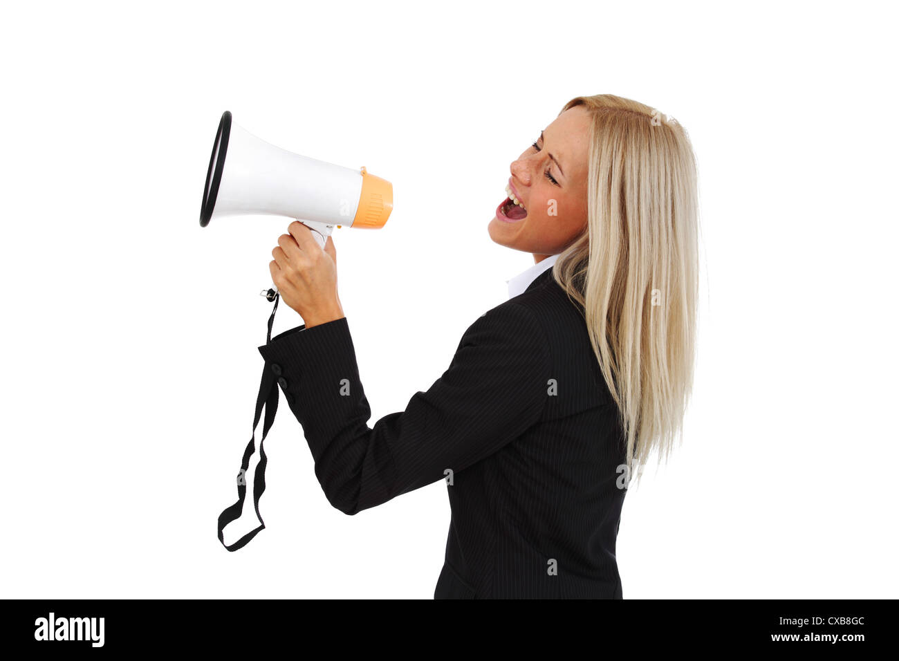 businesswoman with megaphone studio isolated Stock Photo - Alamy
