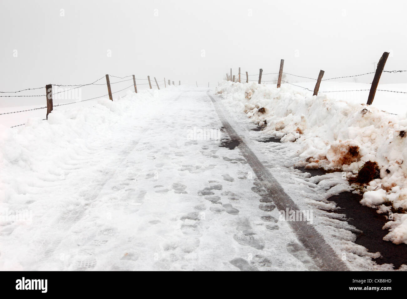 An asphalt country road in a snow storm, fields at small town Pruem ...