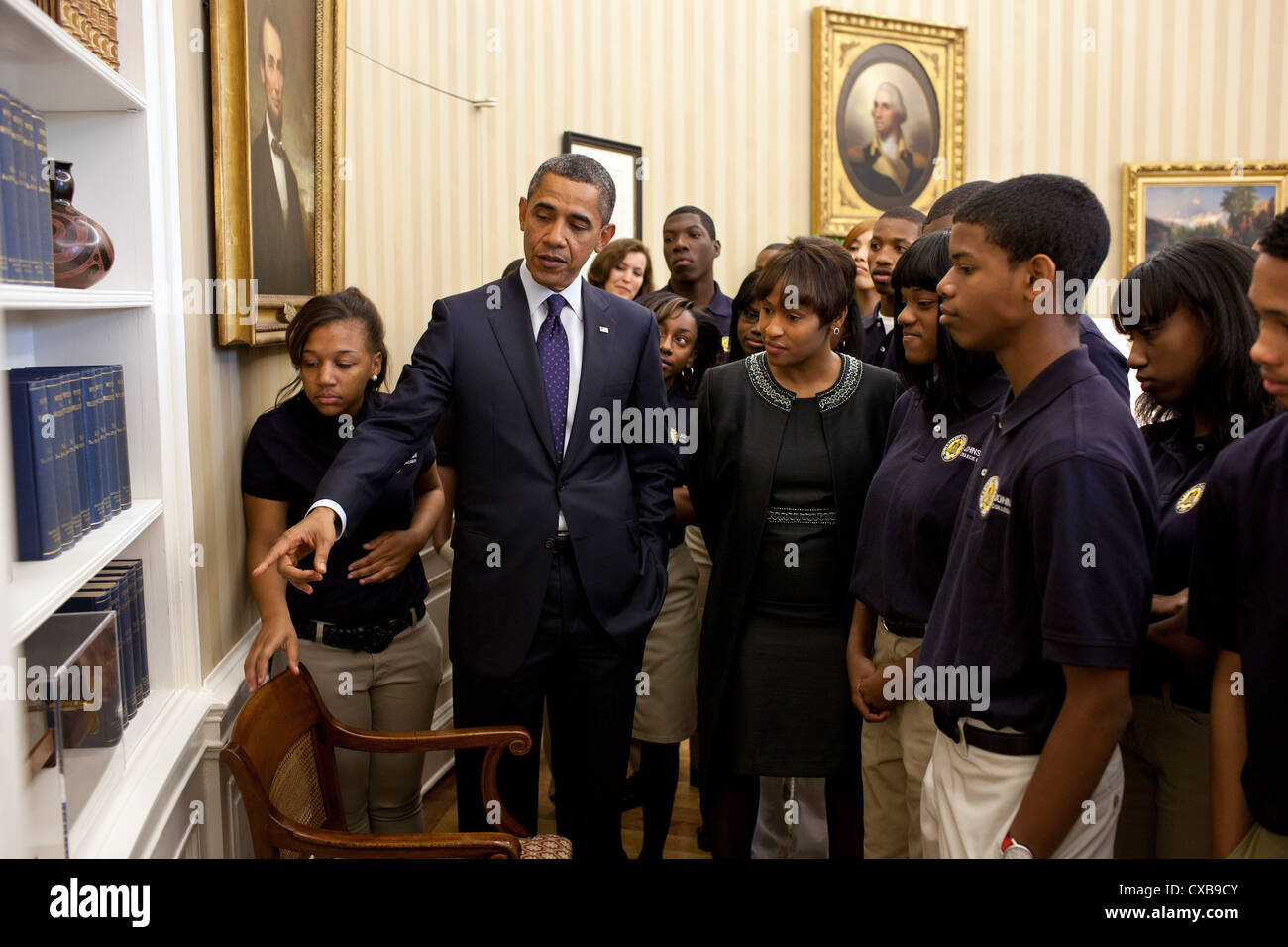 US President Barack Obama shows students from Johnson College Prep in ...