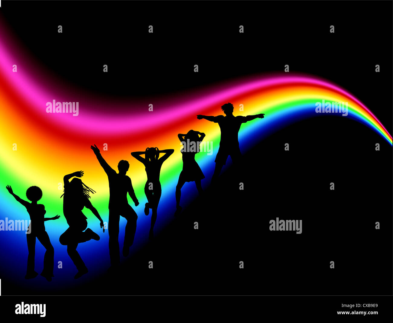 Silhouettes of funky people dancing on rainbow coloured background ...