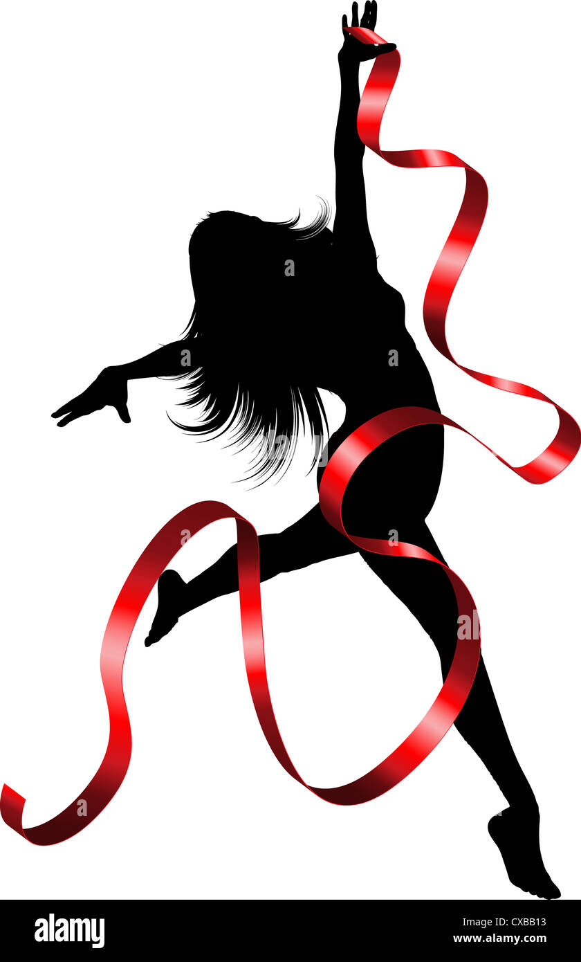 Silhouette of a female dancing with a red ribbon Stock Photo - Alamy