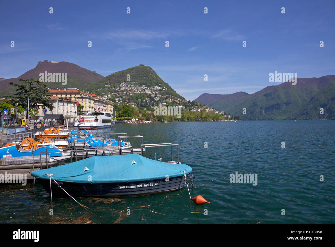 Lakeside in sunshine, city of Lugano, Lake Lugano, Ticino, Switzerland ...