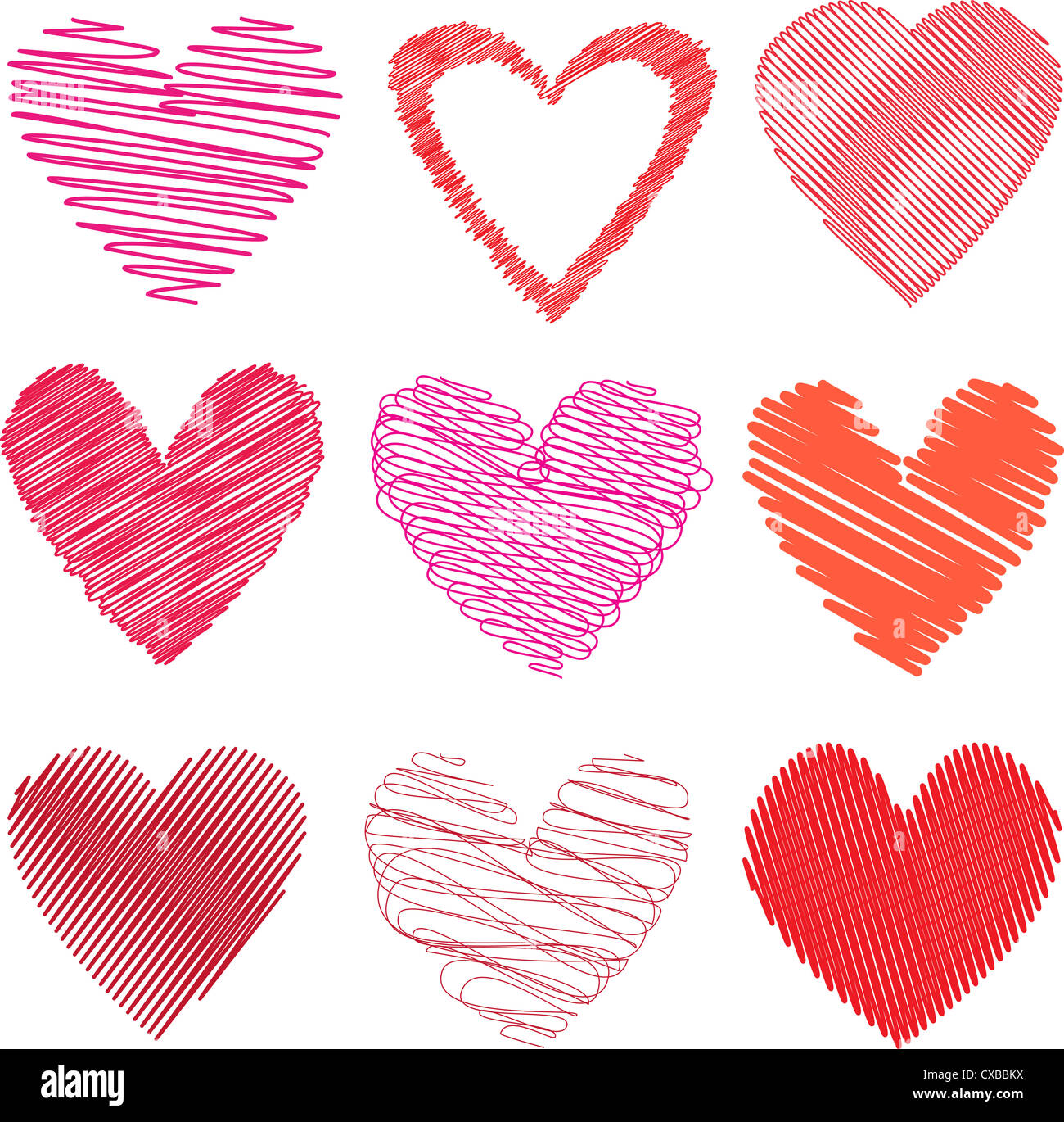 Various different styles of scribbled hearts on white background Stock ...