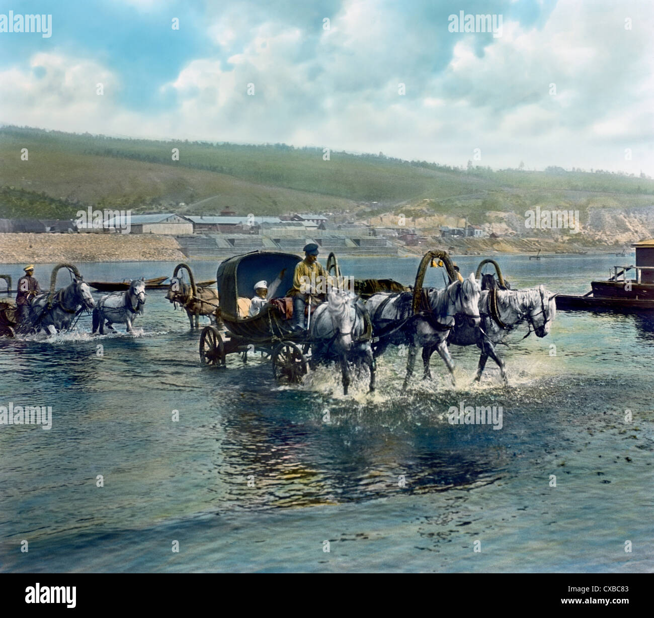 Colorized photo of horse-drawn carriages crossing the Shilka River at ...