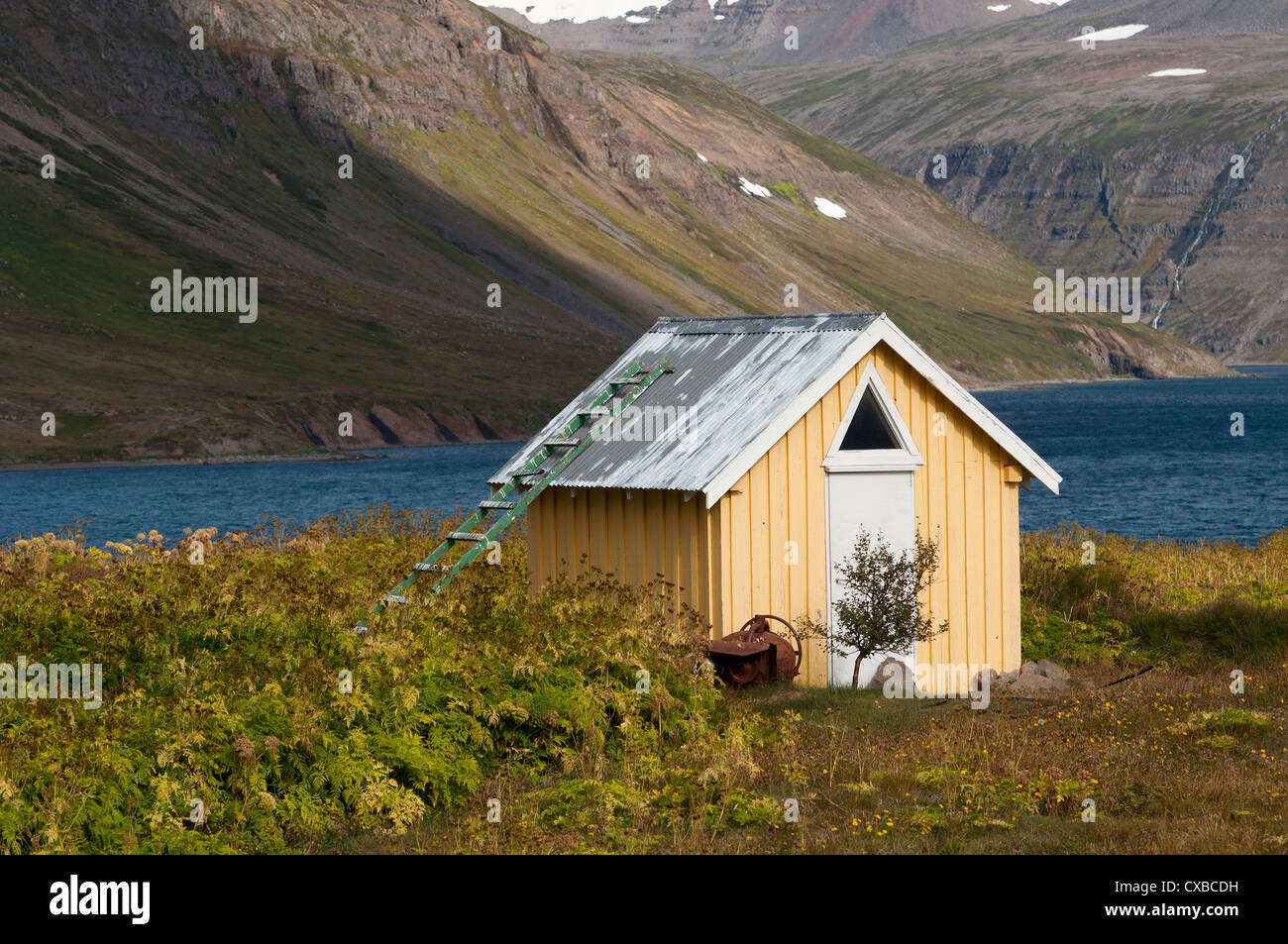 A photograph of the Old houses in the abandoned village of Hesteyri in ...