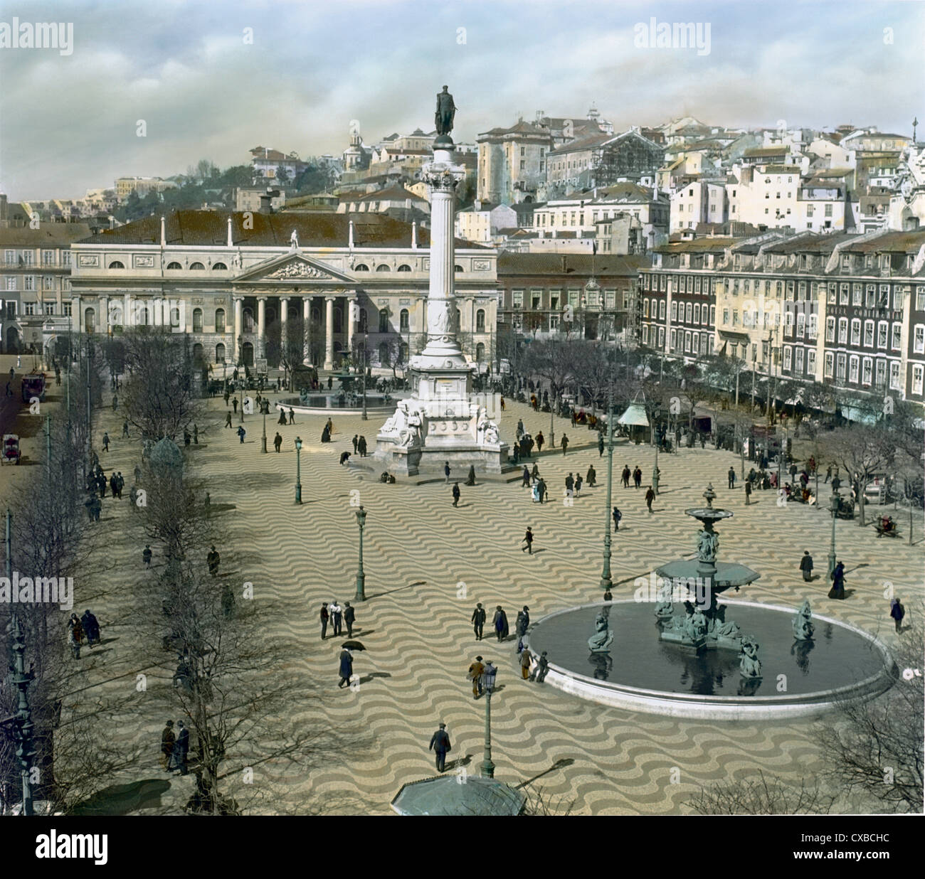Colorized, high-angle view of the Praca do Rossio, also known as the ...