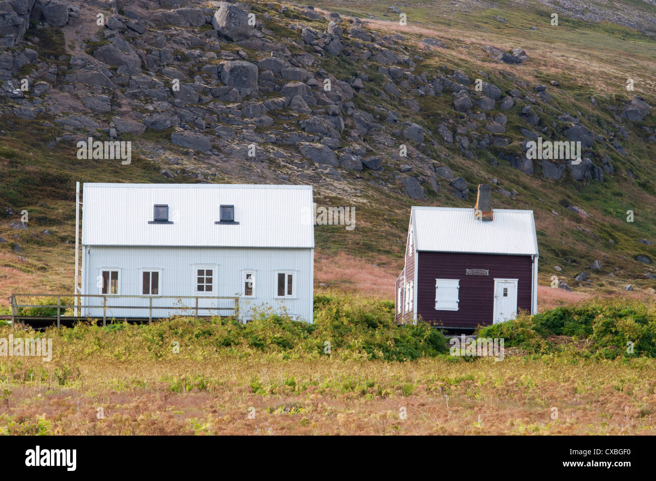A photograph of the Old houses in the abandoned village of Hesteyri in ...