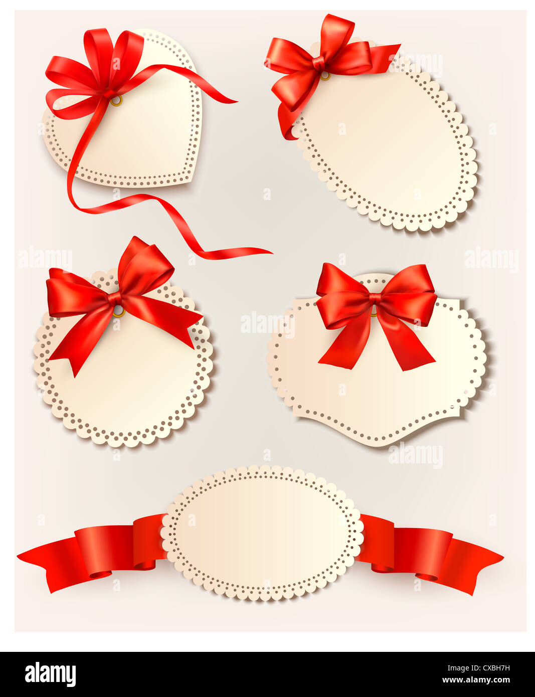 Set of card note with gift bows with ribbons Stock Photo - Alamy