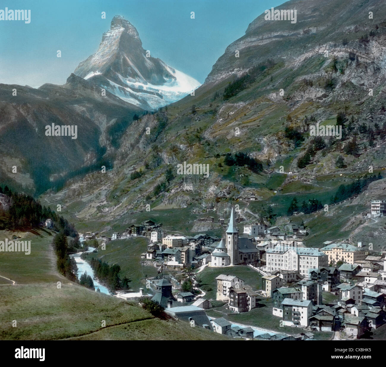 Colorized view of the Matterhorn towering over the village of Zermatt ...
