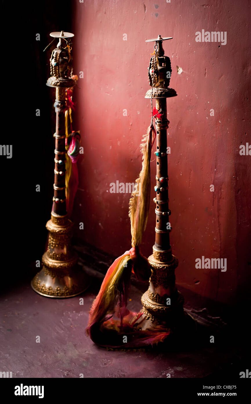 Buddhist prayer horns for traditional monk`s ceremony in Tibetan ...