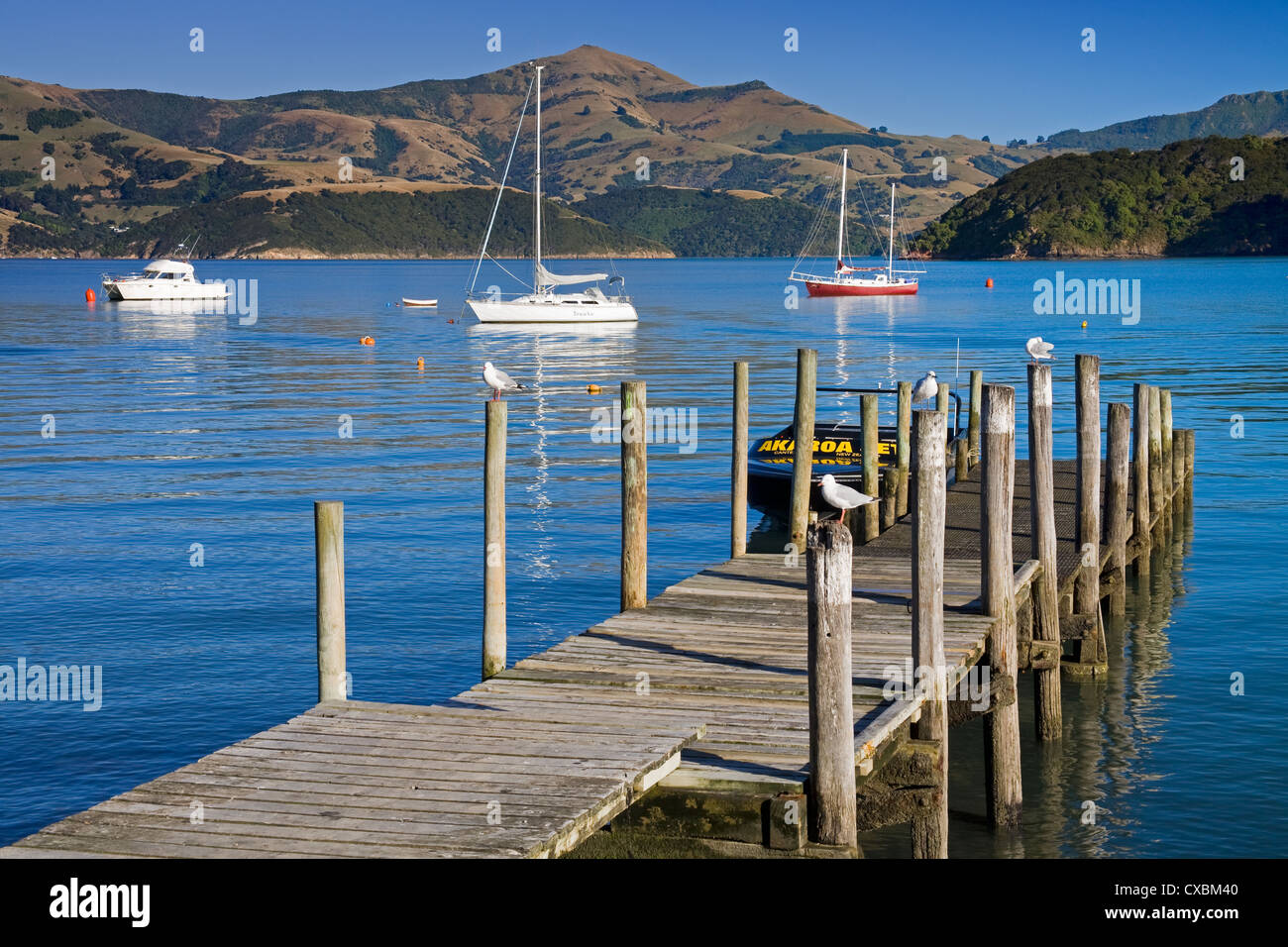 Daly's Wharf in French Bay, Akaroa, Banks Peninsula, Canterbury ...