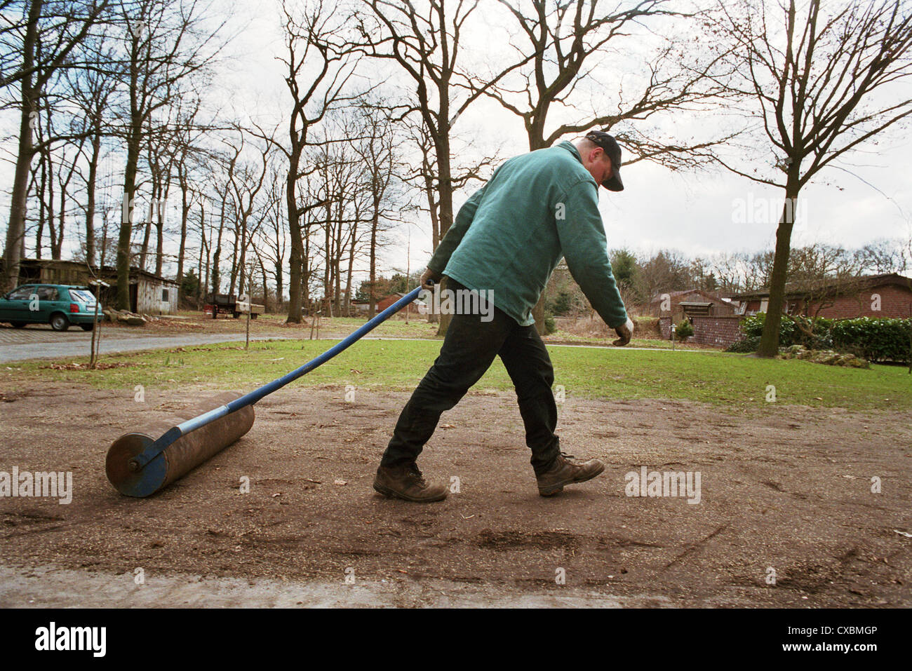 Man rolling the soil while planting grass, northern Germany Stock Photo ...