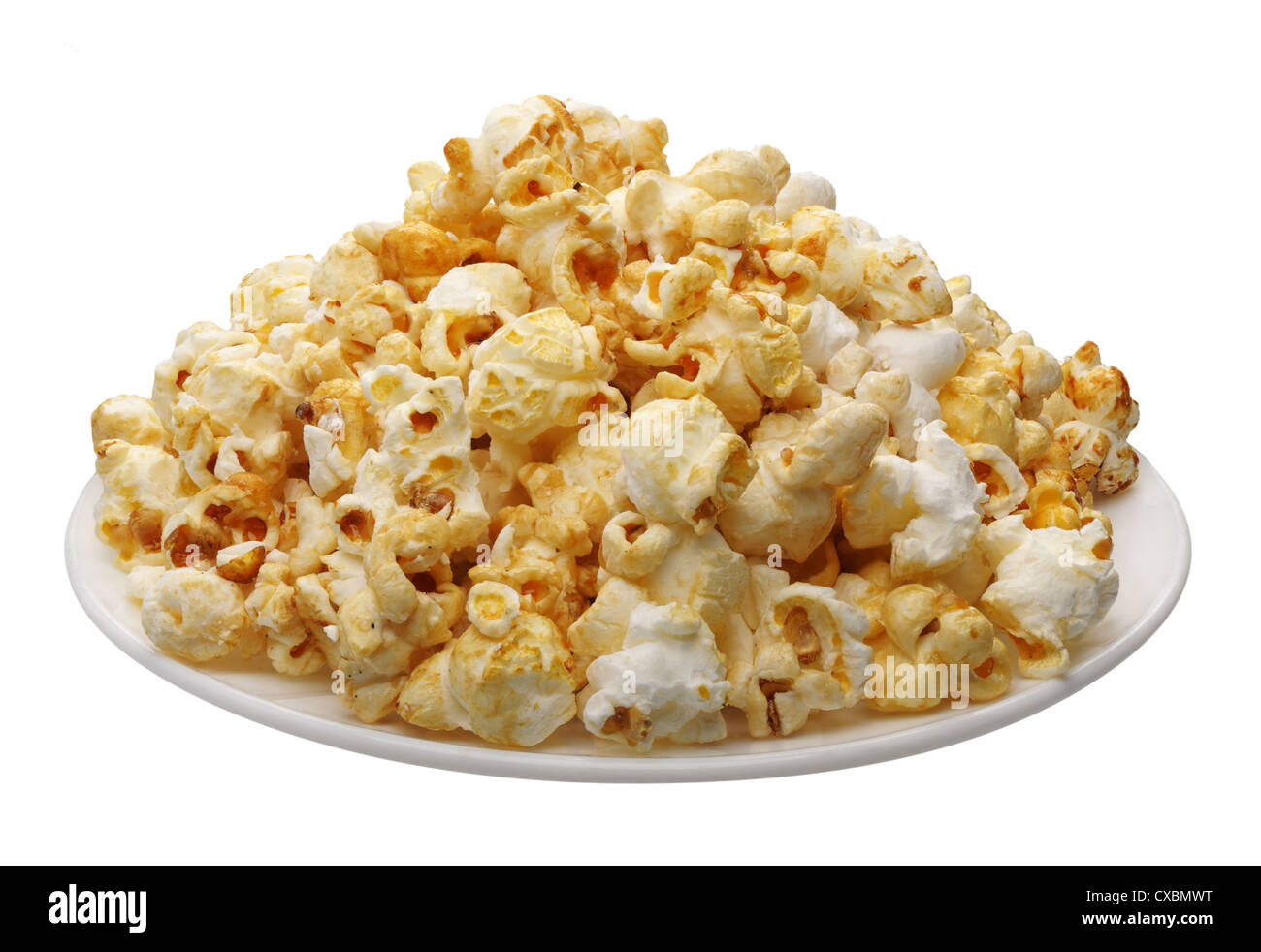 Popcorn on a white plate, isolated on a white background Stock Photo ...