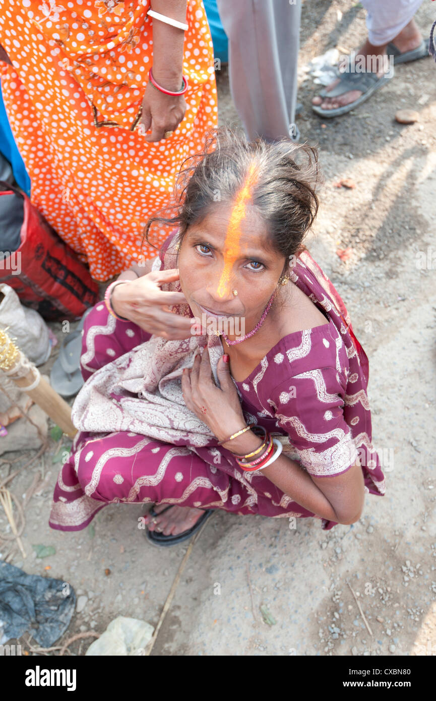 Rural Bihari woman with orange Vaishnavite teeka on her forehead ...