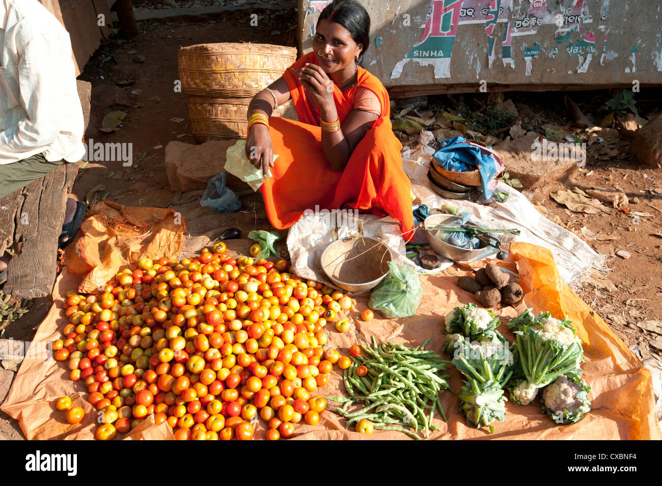 Woman at roadside vegetable stall selling tomatoes, beans and ...