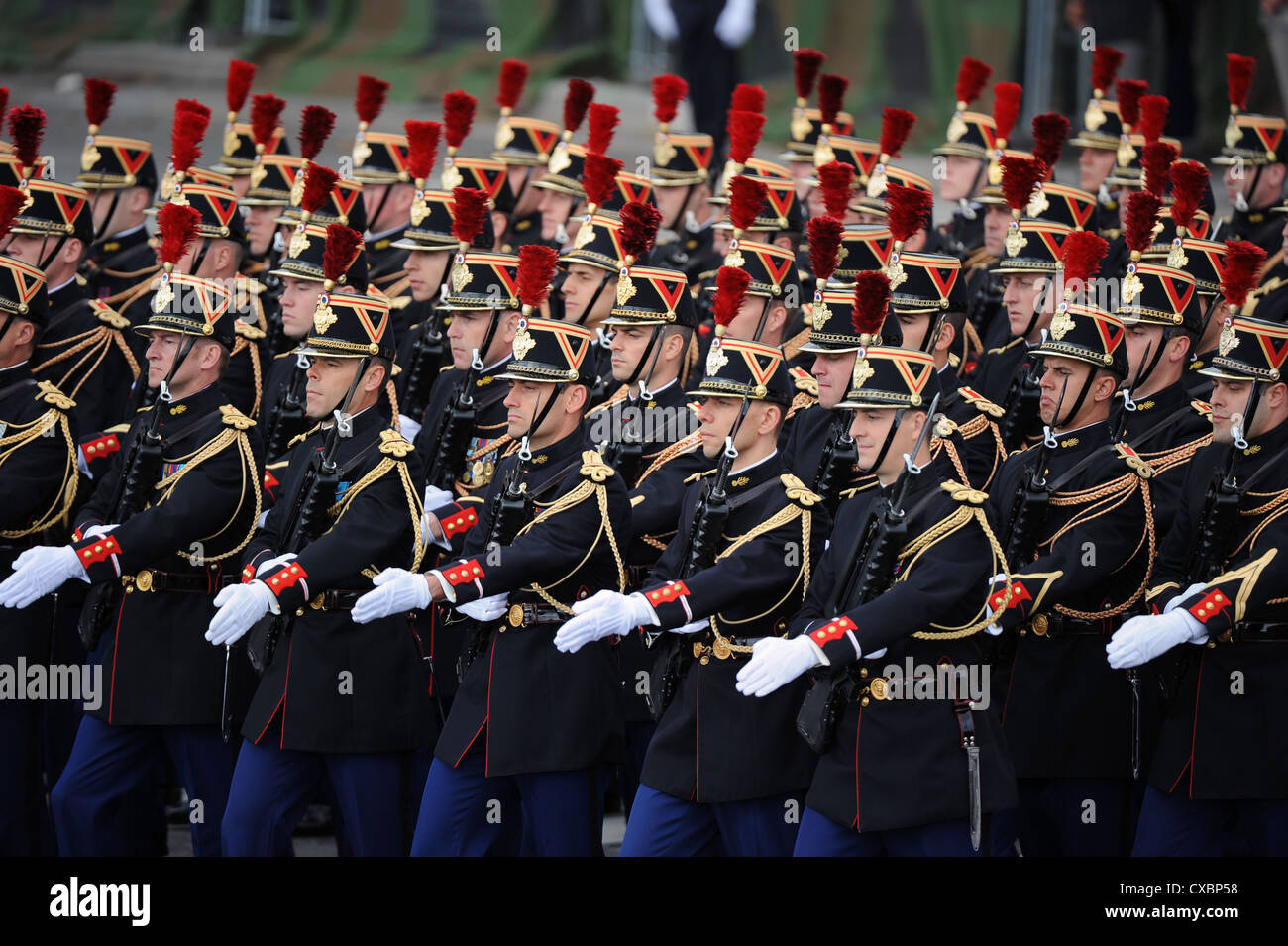 Republican guards marching during the French military parade for ...