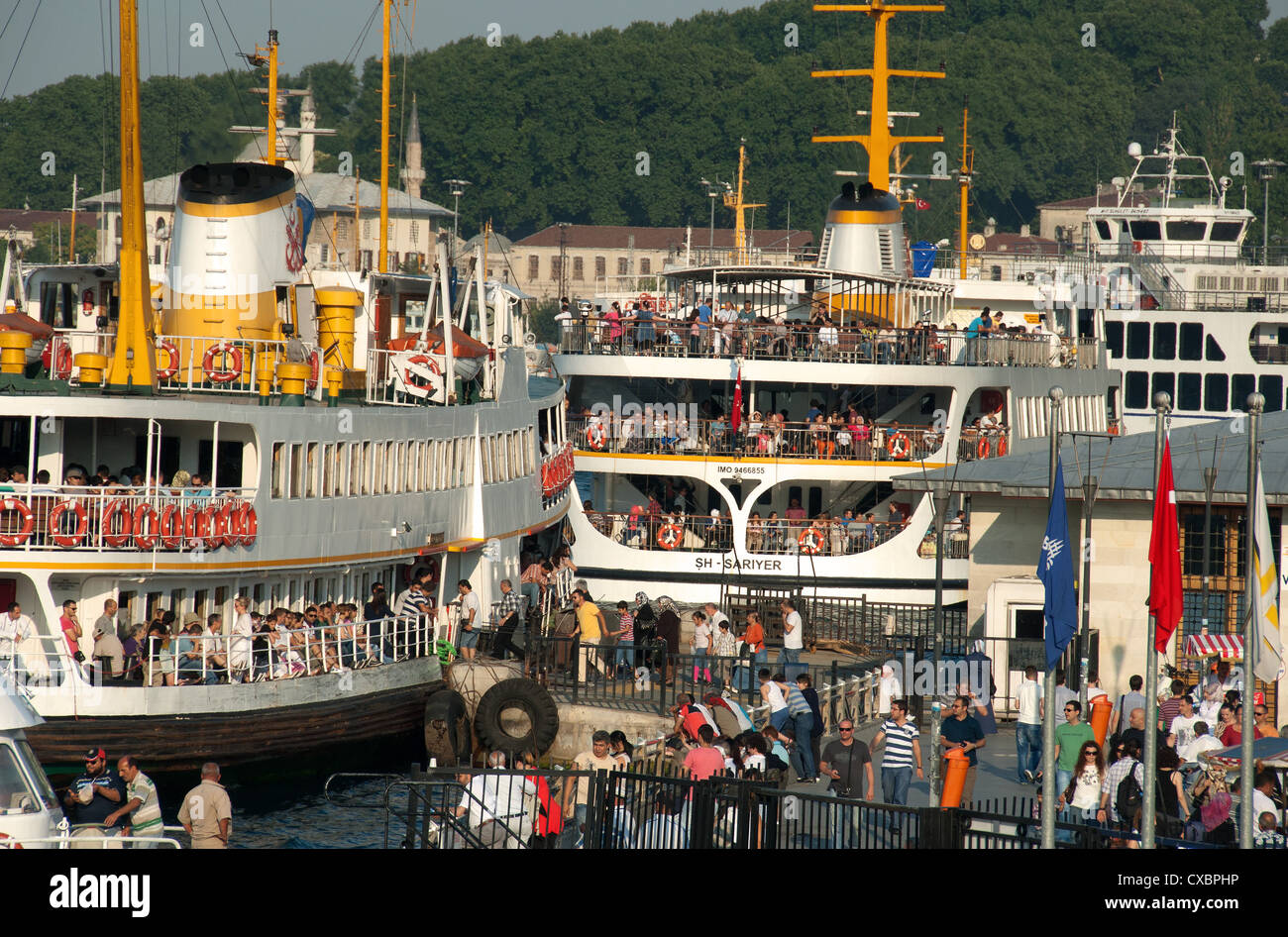 ISTANBUL, TURKEY. Bosphorus ferries at Eminonu ferry terminal on the ...