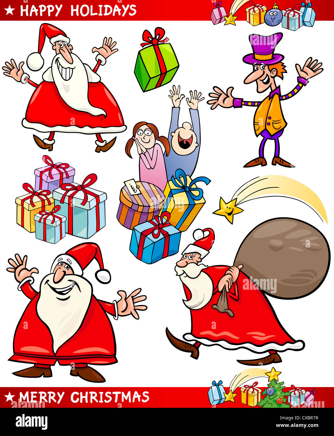 Cartoon Illustration of Santa Claus or Papa Noel, Elf, Presents and ...