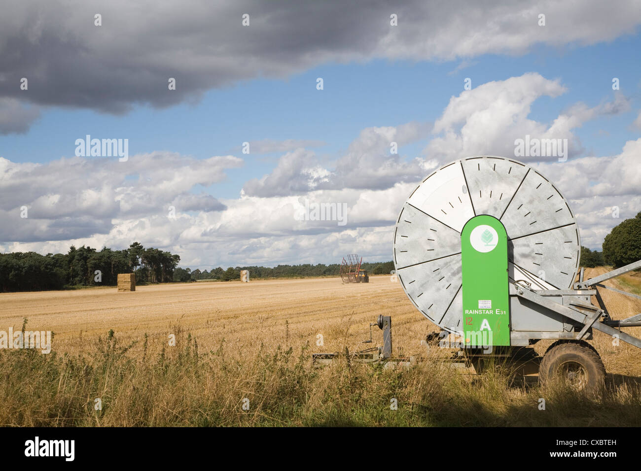East Anglian farming landscape with irrigator and harvested field ...