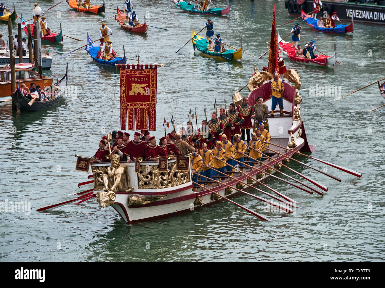 Venice, Italy. The Bucintoro leads the procession of historic boats ...