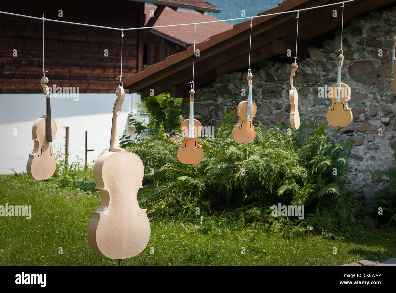 Partly made new musical instruments hanging in the open air during ...