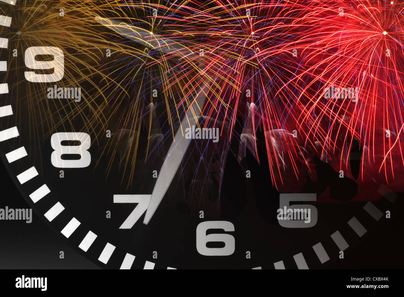 Clock and Fireworks Stock Photo - Alamy